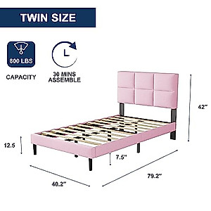 Molblly Twin Bed Frame Upholstered Platform with Headboard, Strong Frame and Wooden Slats Support, Linen Fabric Wrap, Non-Slip and Noise-Free,No Box Spring Needed, Easy Assembly, Pink
