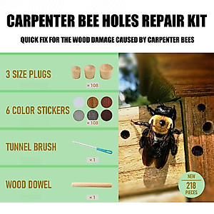 Tensland 218 Pieces 3-in-1 Carpenter Bee Holes Repair Kit, Small Medium Large Wood Bee Hole Plugs, Carpenter Bee Corks Set, 3-Step Total Fix Solution