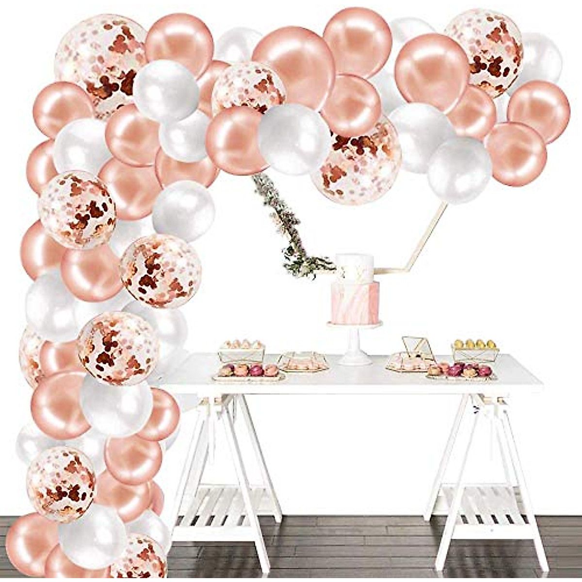 Larchio Rose Gold Balloon Arch Kit, Balloon Garland Rose Gold Confetti Balloons and White Balloons, Balloon Tie and Tape for Birthday Wedding Party Decoration