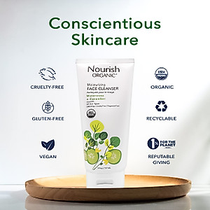 Nourish Organic Moisturizing Face Cleanser for All Skin Types, Watercress + Cucumber Face Wash, Fragrance-Free (6 Oz) + Washable Cotton Round