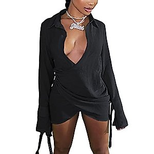 LYANER Women's Sexy Collar V Neck Wrap Hem Long Sleeve Club Party Bodycon Mini Dress Black Small