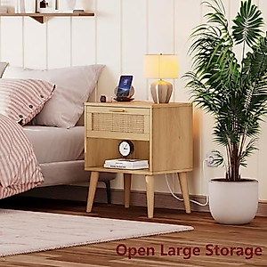 Irontar Nightstands Set of 2, Night Stands with Charging Station & Rattan Drawer, Boho Style Bed Side Tables with Solid Legs, Accent End Table with Open Storage for Bedroom, Natural BZZ007ME02