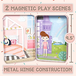 Story Magic Dress-Up Dolls Playset, Pretend Play Magnetic Case, Magnet Outfit and Accessory Pieces, Great for Travel or Playdates, Magnetic On The Go Activity Set for Ages 4, 5, 6, 7 , Pink