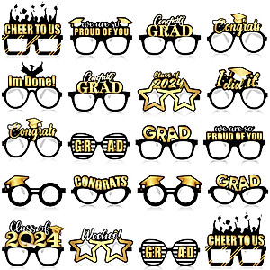 KatchOn, Black and Gold Graduation Glasses 2024 - Pack of 20 | Graduation Photo Booth Props for Gold Graduation Decorations Class of 2024 | Graduation Party Favors, Graduation Glasses Class of 2024