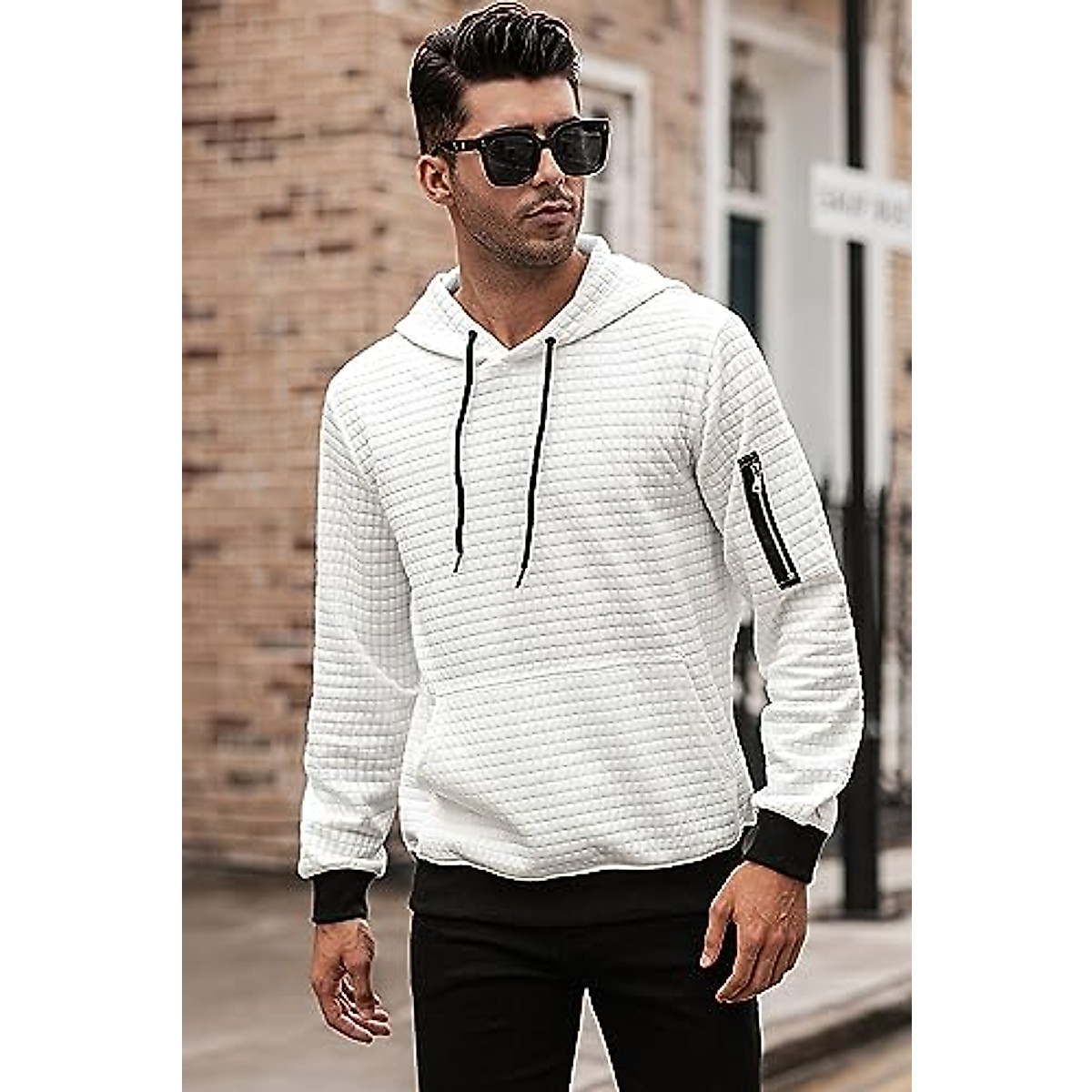 JMIERR Hoodies for Men Pullover Casual Plaid Jacquard Drawstring Long Sleeve Hooded Waffle Knit Sweatshirts, US 40(M), White