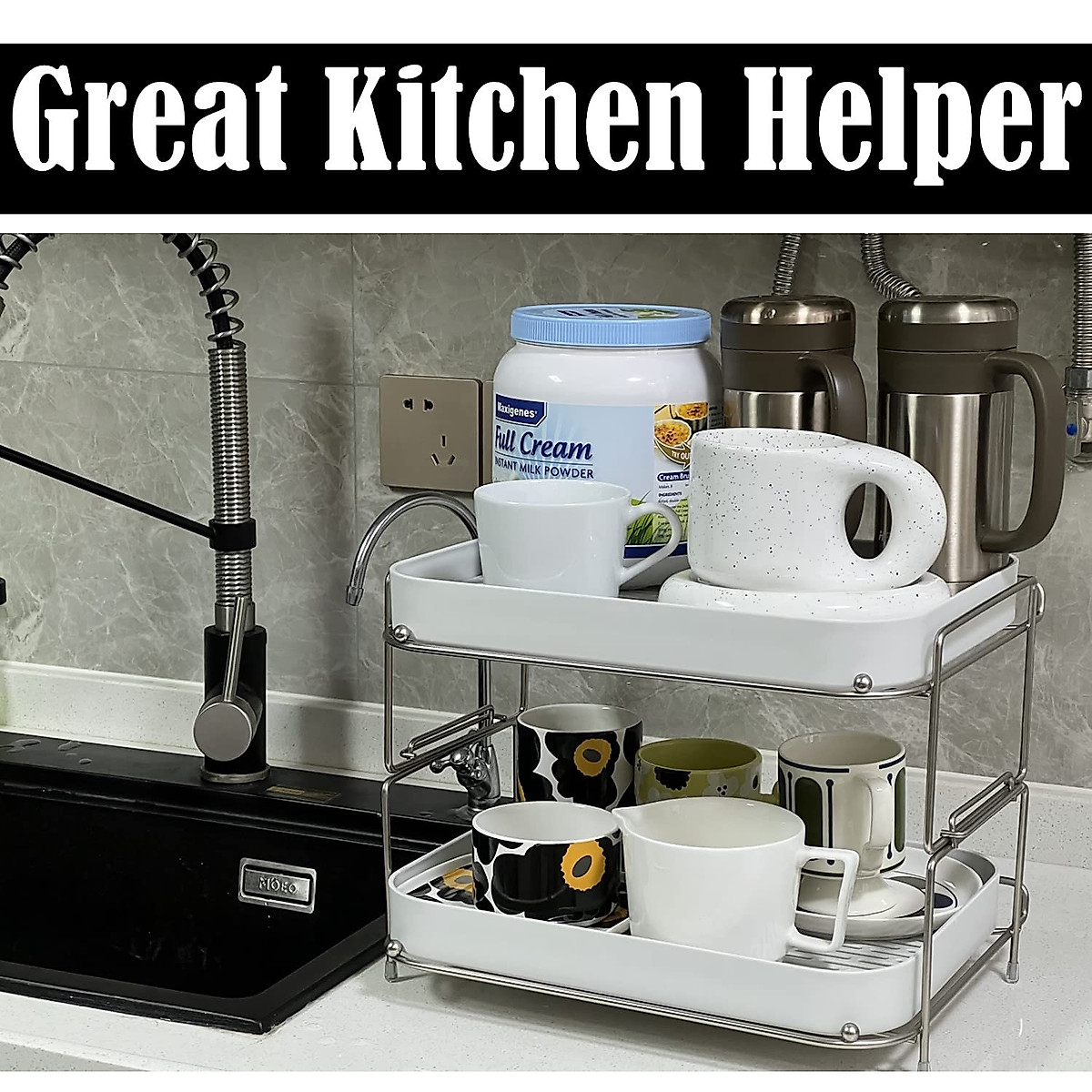 Zosenley 2-Tier Cups Mugs Drying Rack with Drain Tray , Kitchen Storage Organizer Shelf for Drinking Glass Bottle Bowls