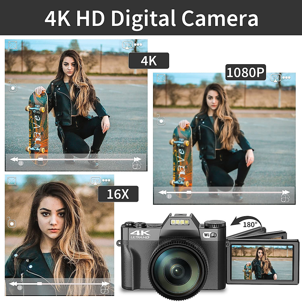 Digital Camera for Photography, 4K 48MP Vlogging Camera for YouTube with WiFi, 3-inch 180-degree Flip Screen, 16X Digital Zoom, 52mm Wide Angle & Macro Lens, 32GB TF Card and 2 Batteries(Purple)