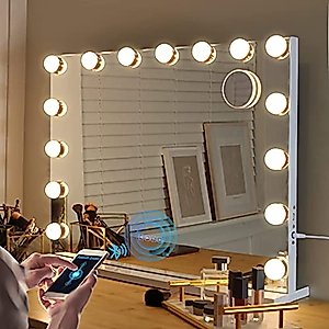 Fenair Vanity Mirror with Lights and Bluetooth Hollywood Speaker Support Answer Call, Touch Screen, 3 Color Modes Tabletop 15 Dimmable Bulbs