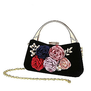 Women's Flower Evening Bag Black Clutch Purse Handbag Metal Frame Large Clutch Bag Wedding Hand Bag Carved Handle (Ship From the US)