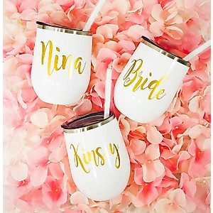 Personalized Stemless Wine Cup Tumbler Stainless Steel, Girls Trip Gift, Wedding Party Gifts, Bridesmaid Gift, Travel Wine Cup with Lid, Bachelorette Cups, Personalized Wine Glasses, Vinyl Decal