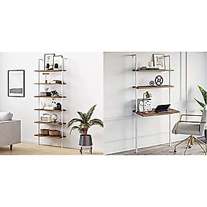 Nathan James Theo 6-Shelf Tall Bookcase, Wall Mount Bookshelf, Rustic Oak/White & Theo 2-Shelf Industrial Wall Mount Ladder, Small Computer or Writing Desk, Rustic Oak/White
