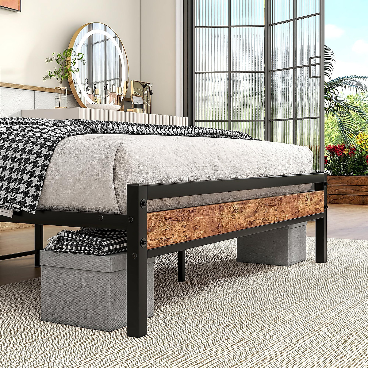 HOJINLINERO Full Size Bed Frame with Storage Headboard/USB Charging Station,Metal Platform Bed Frame Full Size No Box Spring Needed,Noise-Free,Strong Steel Slats Support,Rustic Brown