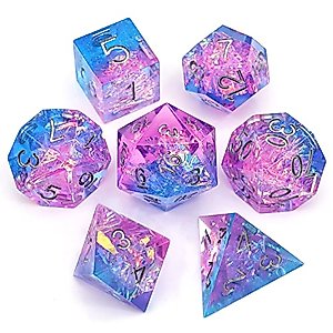 Haxtec Sparkling Sharp Edge Dice Set - Handmade Resin DND Dice with Iridescent Mylar Inclusion, Light Purple and Blue Color Mix-Enchanted Stardust
