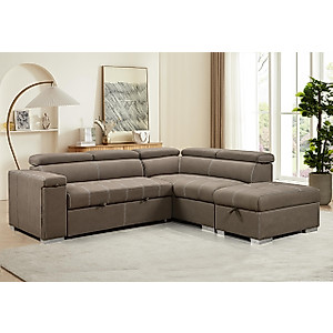 THSUPER 100" Microfiber L Shape Sleeper Sectional Sofa with Pullout Bed. 5-Seats Sectional Couch with Storage Ottoman and Cup Holder. Adjustable Headrest with Sectional Sleeper Couch. Brown