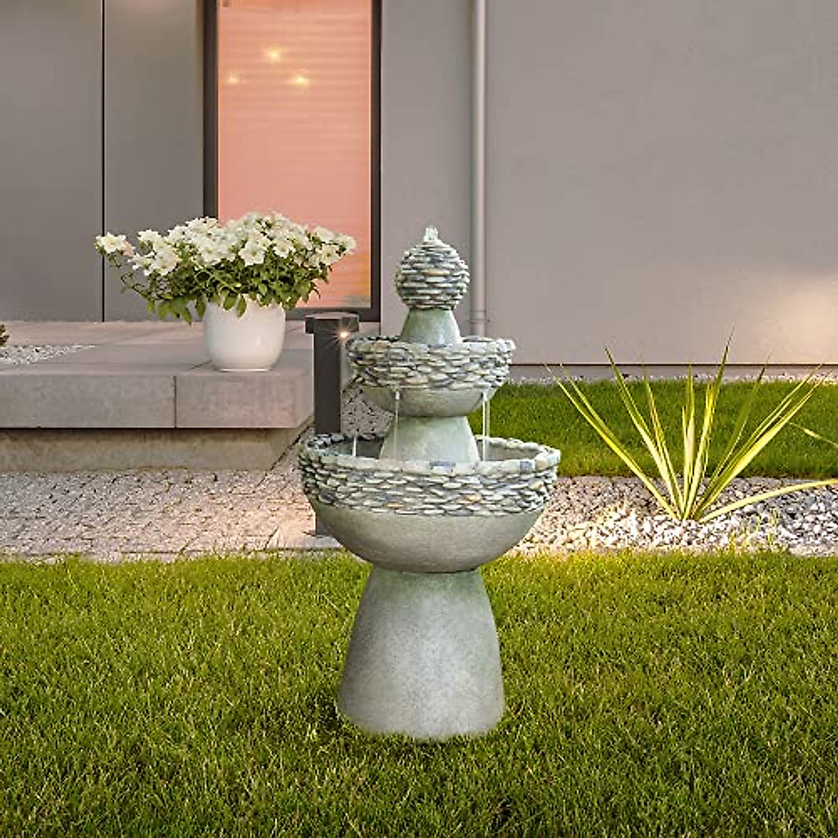 Teamson Home 36.5 in. Outdoor 3-Tier Zen-Style Pedestal Water Fountain in. with Stone Trim with Pump and 2.64 Gallon Capacity, Stone Gray