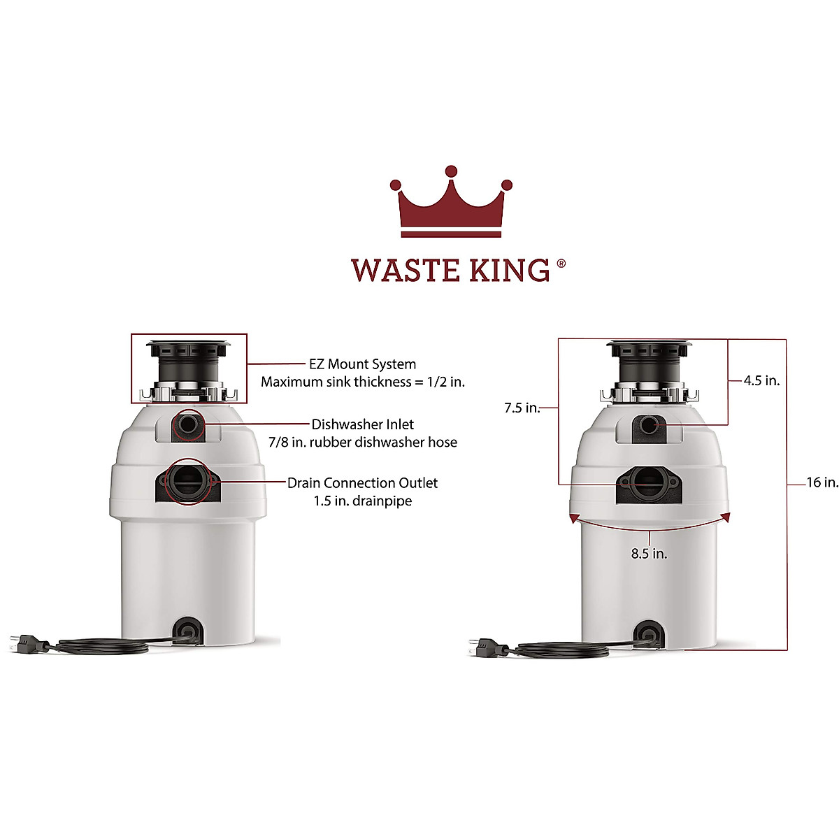 Waste King Legend Series 1 HP Continuous Feed Garbage Disposal with Power Cord - (L-8000) & Garbage Disposal Dishwasher Connector Kit - 1023