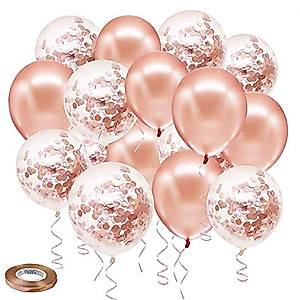 Rose Gold Confetti Latex Balloons, 50 pack 12 inch Birthday Balloons with 33 Feet Rose Gold Ribbon for Party Wedding Bridal Shower Decorations