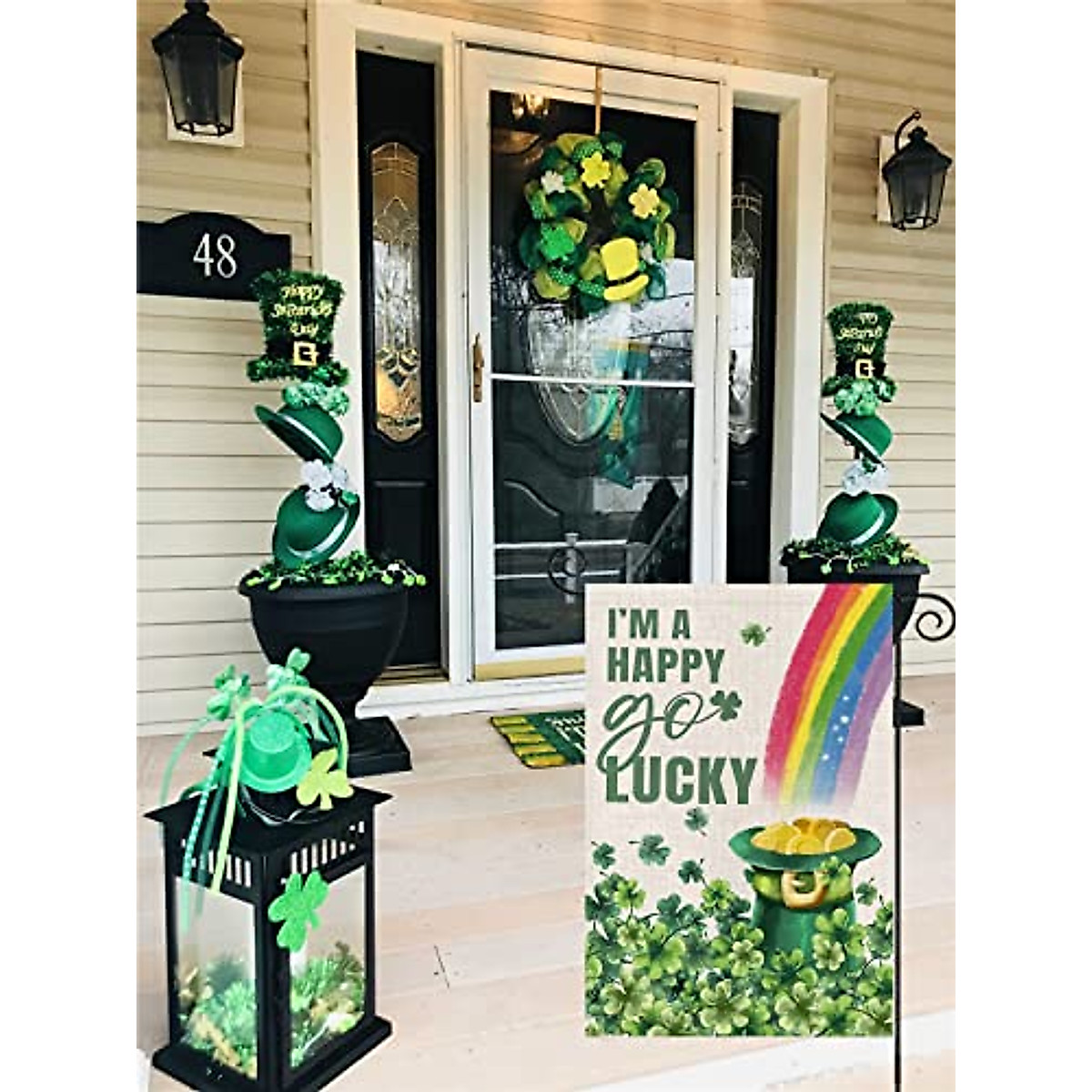 Happy St Patricks Day Garden Flag 12x18 Double Sided,Green Hat with Gold Coin Shamrock Rainbow Small Yard Flag,Spring Saint Patrick Decors for Outside Outdoor Holiday