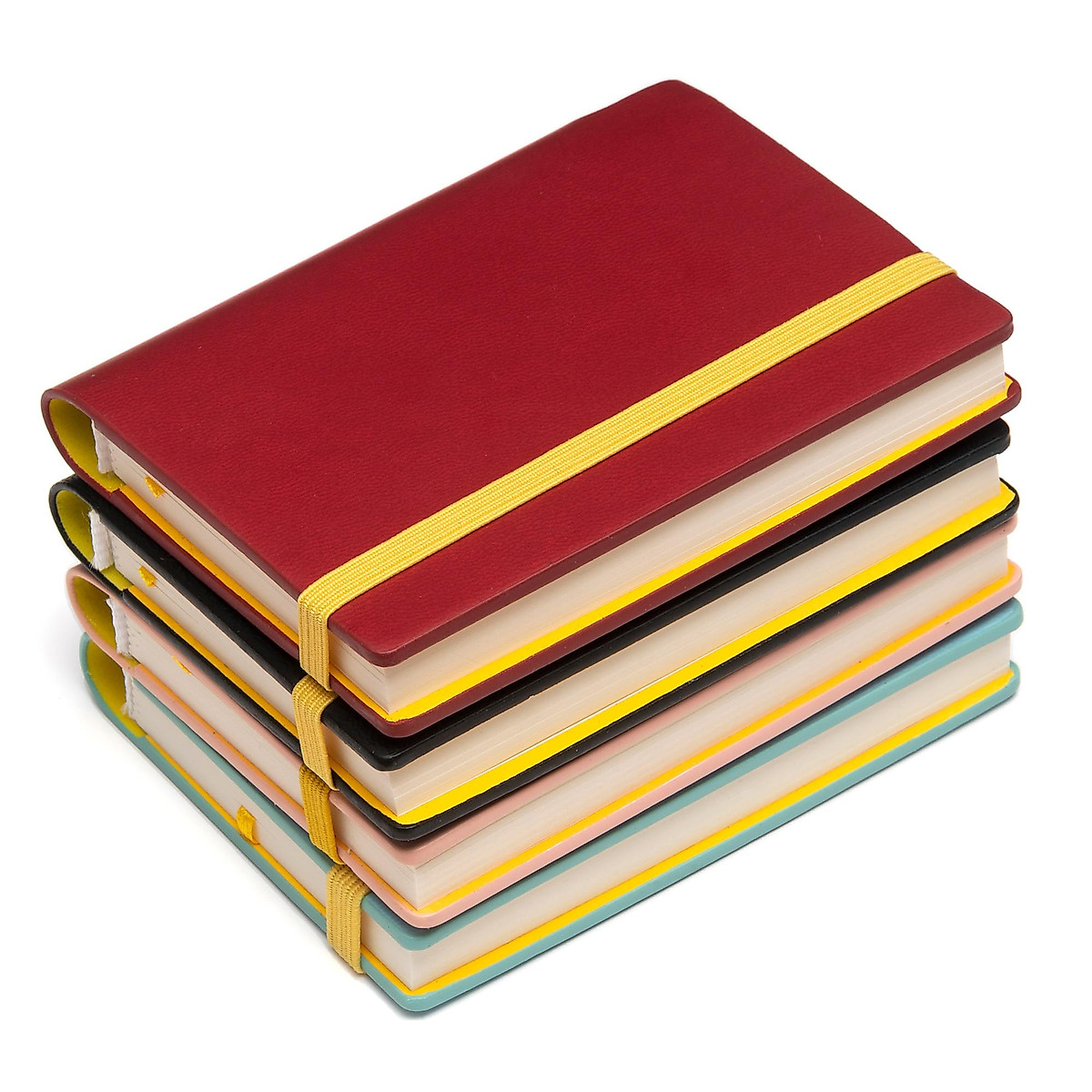 Fdesign A7 Mini Notebook Set, 4 Pack, Pocket Notebook, Thermo Leather Hard Cover, 2.9" x 4.1", 96 Sheets, 80 gr ivory plain papers, 4 Colors (red+black+pink+blue)