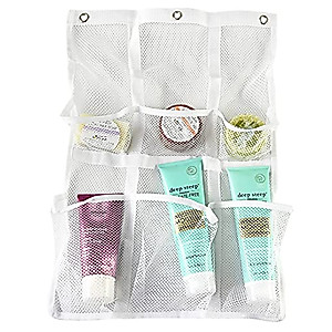 Home-X 6-Pocket Mesh Hanging Shower Caddy, Hang from Curtain Rods or Over the Door, Simple Bathroom Organizer for Soap, Shampoo, and More, 22" L x 15 ½” W, White