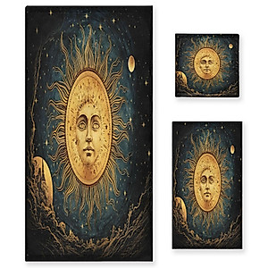 Flradish Sun and Moon Towels 3 Pack Bath Towels for Bathroom Set Soft Cotton Highly Absorbent Lightweight & Quickdry Towel Set 1 Bath Towel,1 Hand Towel,1 Washclothe