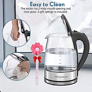 MegaWise 1500W Electric Kettle, 1.8L Borosilicate Glass Tea Kettle with LED Light, Auto Shut-Off and Boil-Dry Protection Cordless Kettle Fast Boiling, BPA Free