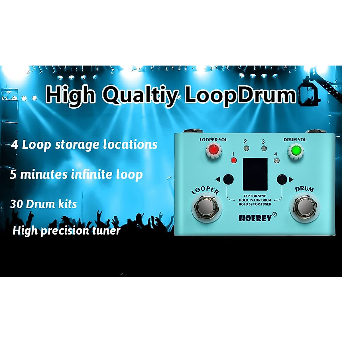 HOEREV Guitar Drum Machine Looper Tuner 3 In 1 Loop Pedal For Electric Guitar Bass Pedals Station Type C Can Be Power Supply Port