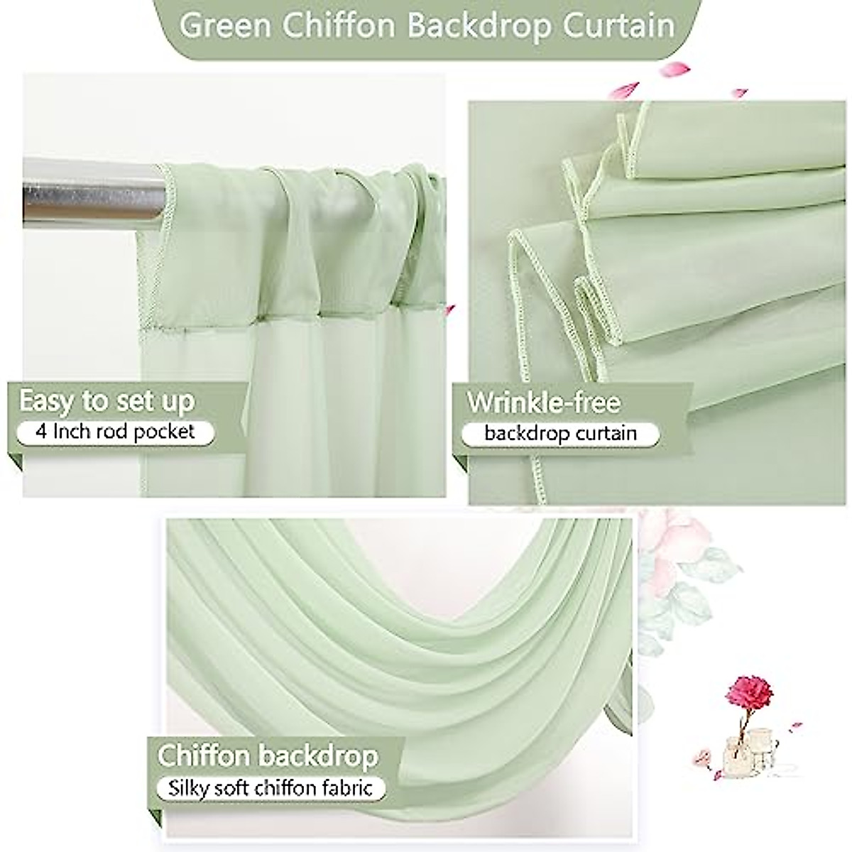 Sage Green Chiffon Sheer Backdrop Curtain for Wedding, Parties, Sage Green Arch Drapes for Backdrop Decoration,Wrinkle-Free 10ft x 10ft