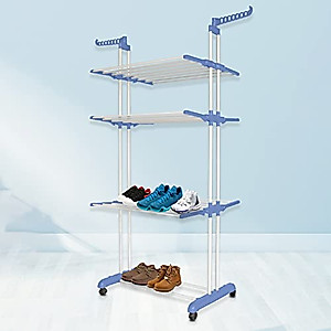 TOLUON Clothes Drying Rack, Movable Drying Rack with 4 castors, 3 Tier Clothes Horses Rack, Laundry Garment Dryer Stand with Two Side Wings for Home (Blue)