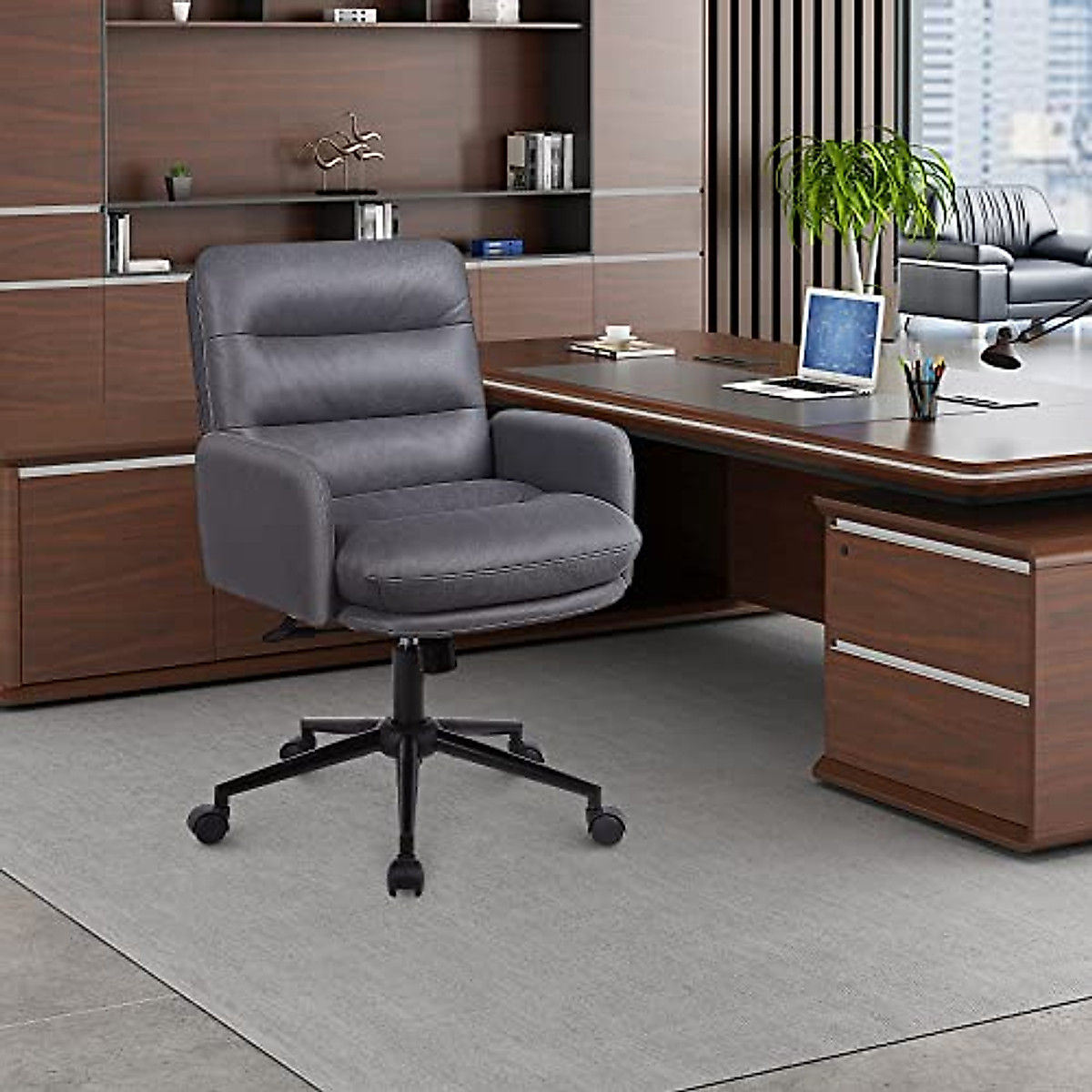 Youhauchair Adjustable Home Office Chair, Modern Mid Back Computer Desk Chair with Wheels, Ergonomic Upholstered Swivel Chair, Grey