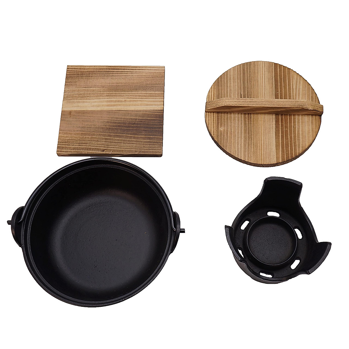 TRUMDAKE 7" Cast Iron Japanese Sukiyaki Pot - Hot Pot, Cheese Fondue, Camping Cooking - Individual or Couple's Size - Nabe Shabu Pot, BBQ, Alcohol Stove, Wooden Lid - Ideal for High-End Restaurants