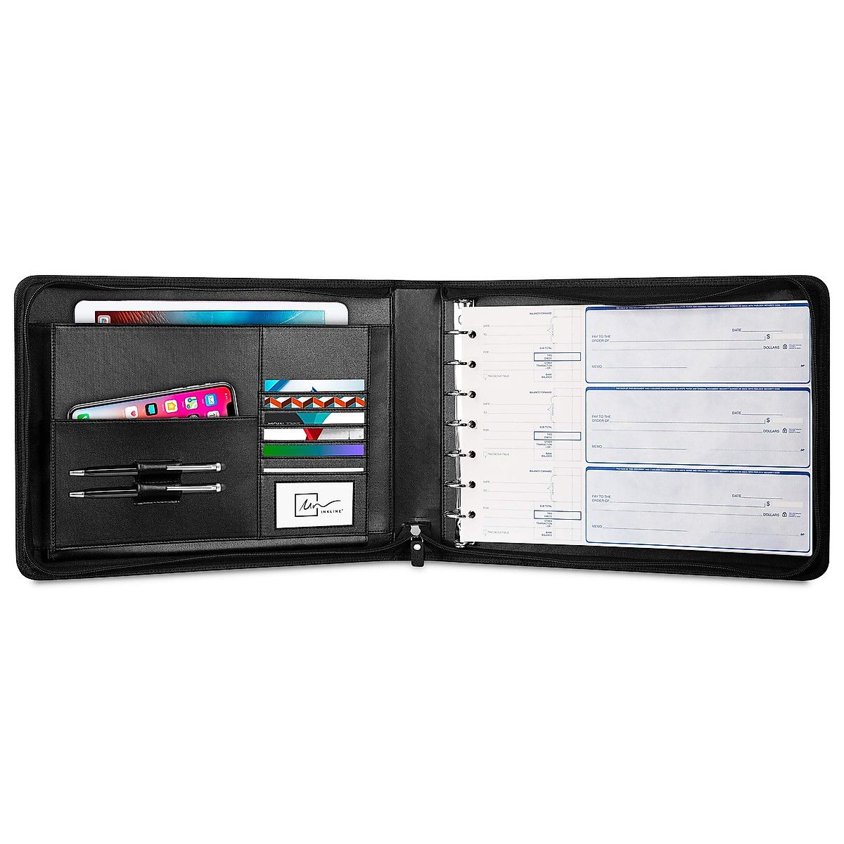 Inkline 7 Ring Check Binder Portfolio -Professional PU Leather Binder with Zippered Closure -500 Check Capacity -9x13 Inch Sheets -Document & Card Organizer - Large Tablet Pocket - Black (80001)