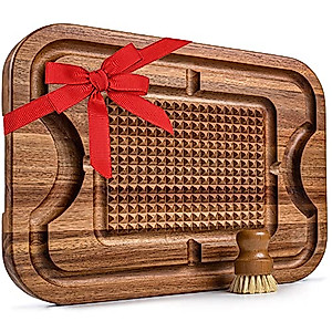 Large Acacia Wood Cutting Board, Premium Butcher Block for Carving Meat w/Deep Juice Grooves, Non Slip Spikes Reversible Design for Slicing Chopping & Serving Fathers Day Holiday Gift | 12x16x1.5"