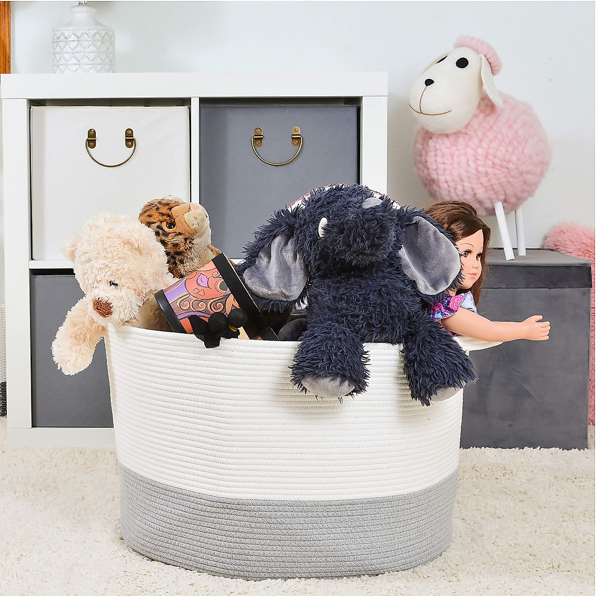 Large Blanket Basket | Cotton Rope Basket for Blankets Living Room | Size 21.7" x 21.7" x 13.8" | Large Basket for Blankets | Baby Laundry Basket |