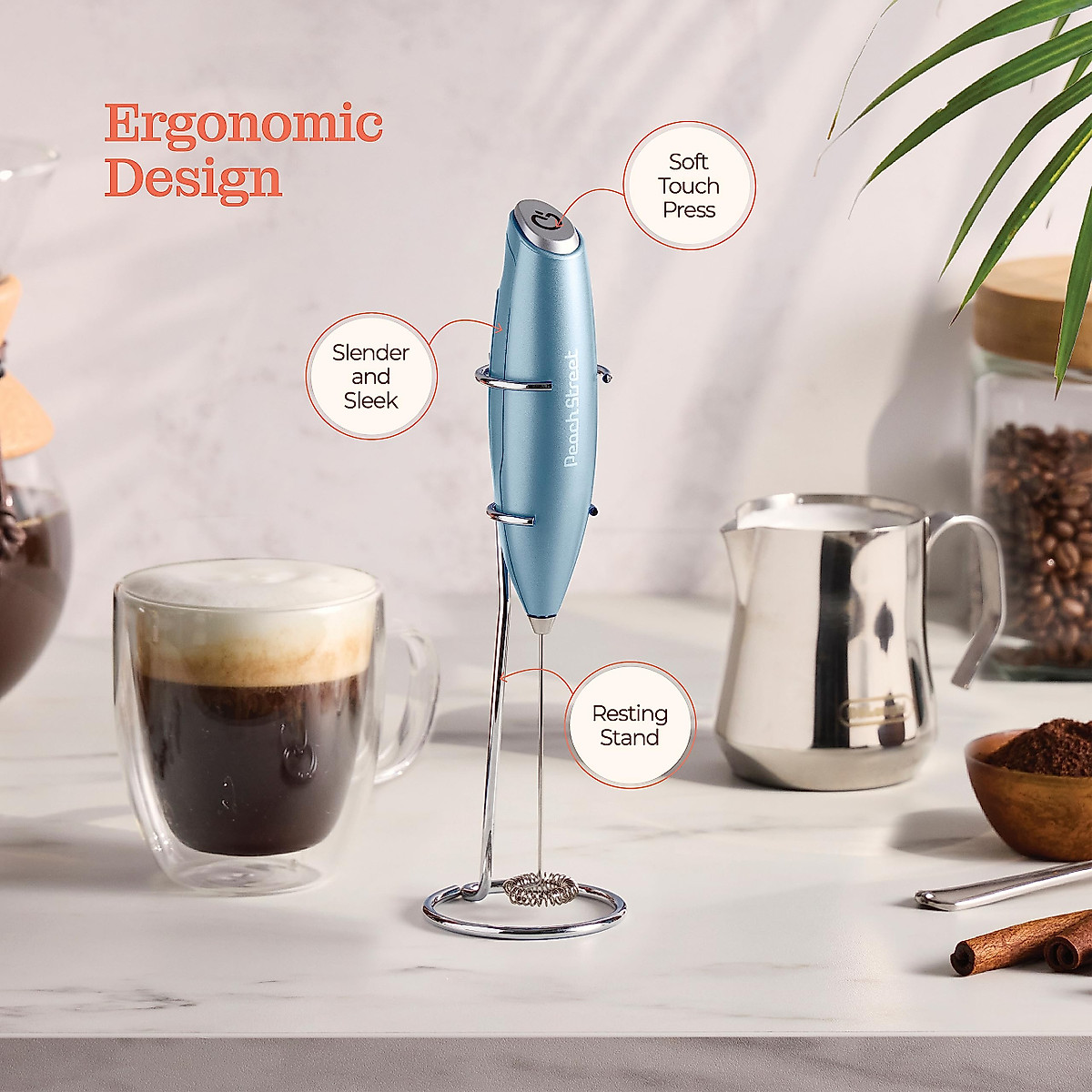 Powerful Handheld Milk Frother, Mini Milk Foamer, Battery Operated (Not included) Stainless Steel Drink Mixer with Frother Stand for Coffee, Lattes, Cappuccino, Frappe, Matcha, Hot Chocolate.