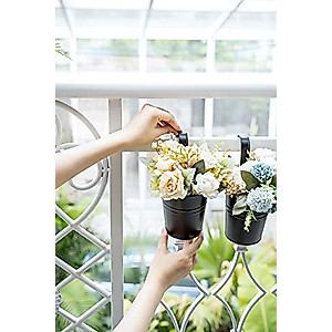 Dahey 10 Pcs Hanging Flower Pots Metal Iron Bucket Planter for Railing Fence Balcony Garden Home Decoration Flower Holders with Detachable Hooks, Black, 4 Inches
