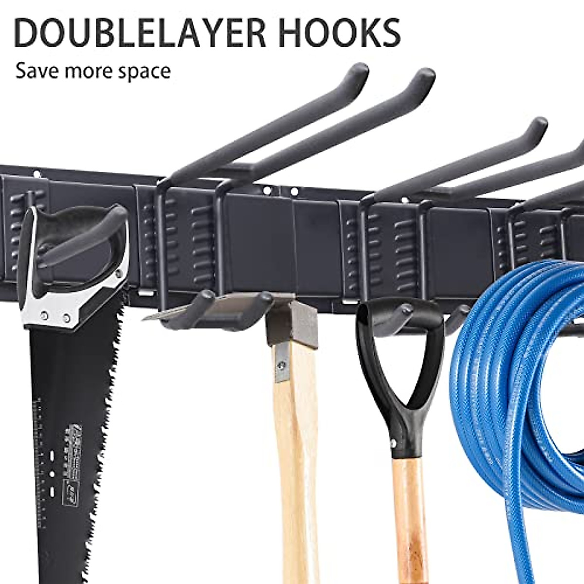 Garage Tool Storage Rack, 48 Inch Adjustable Garage Organizer Wall Mounted 11 PCS Garage Storage with 8 Hooks, Super Heavy Duty Garden Tool Hanger for Shovels, Rake Shovel Yard Tools，Hold Up to 450lbs