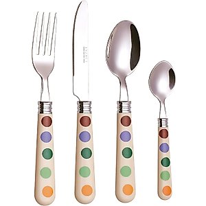 EXZACT Cutlery Set 24 PCS Stainless Steel with Polka Dots Handle - Dinner Knife x 6, Dinner Fork x 6, Table Spoon x 6, Tea Spoon x 6, Service for 6 - Mirror Polished