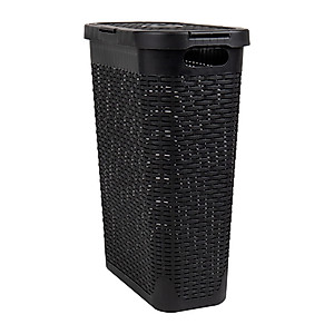 Mind Reader 40L Slim Laundry Hamper, Clothes Basket, Lid, Wicker Design, Plastic, 18"L x 10.4"W x 23.5"H, Black
