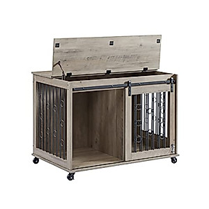 Rophefx Dog Crate Furniture with Sliding Door, Dog Kennel Indoor with Partition for Two Puppies, Dog Cage with Flip-up Top and Wheels, Chew-Resistant Wooden Dog House, Grey