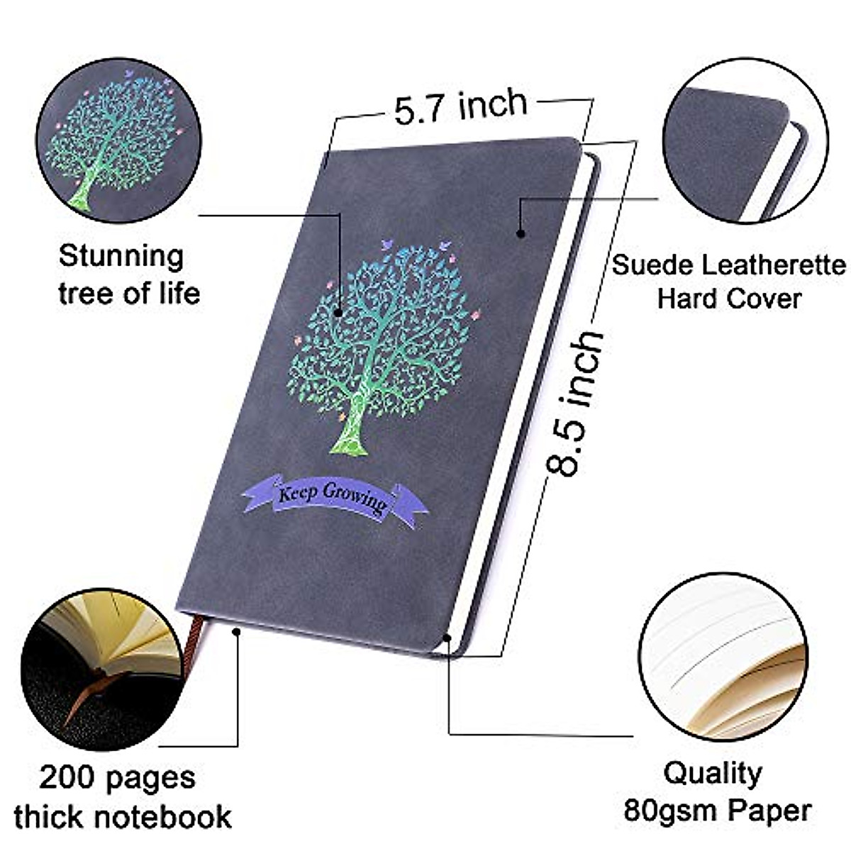 Tree of Life Journals For Women & Men A5 Lined Wide Ruled Writing Personal Diary Notebooks 180° Lay Flat Thick Paper Hard Cover Leatherette 200 Pages(Blue)