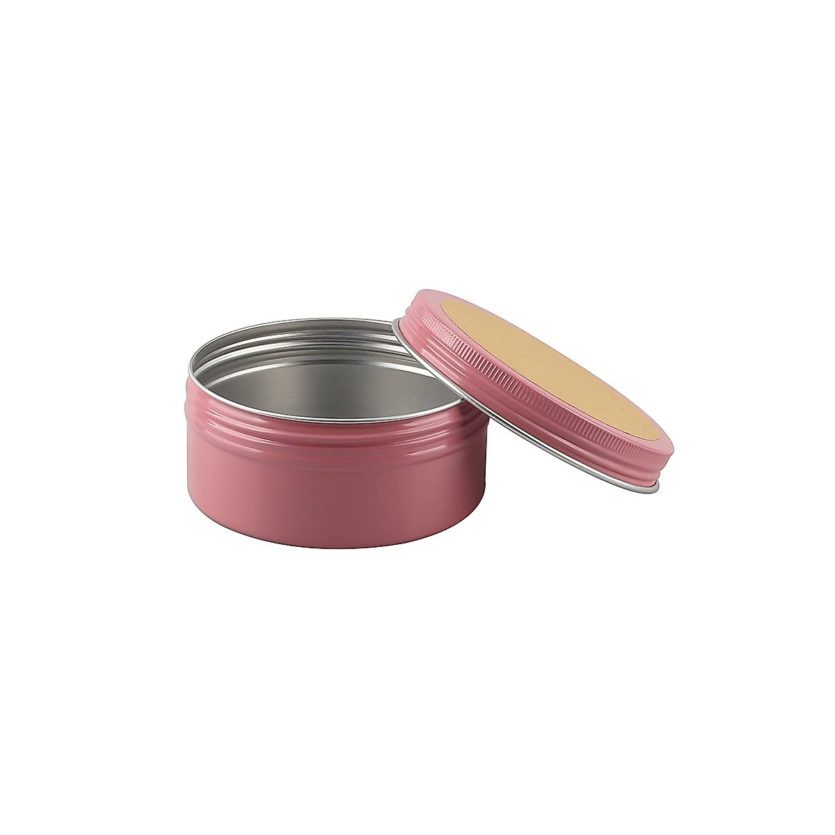 DLIBUY 24 Pcs 150ml 150g Empty Round Pink Aluminum Tin Jars with Screw Lids Cosmetics Lip Balm Containers Pots for DIY Candle Salve Powder Crafts Storage Cans 3x Alu Spoon, 24x Ø 70cm Labels