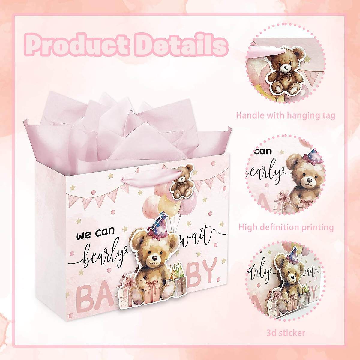 16" Large Baby Girl Gift Bag, 3D Making Pink Bear Baby Gift Bag with Handle, Tissue Paper and Greeting Card