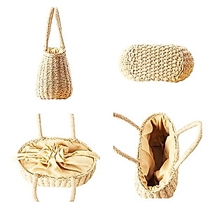 Women Summer Beach Straw Tote Bag Handmade Weave Handbag with Top Handle Removable Strap (Beige)