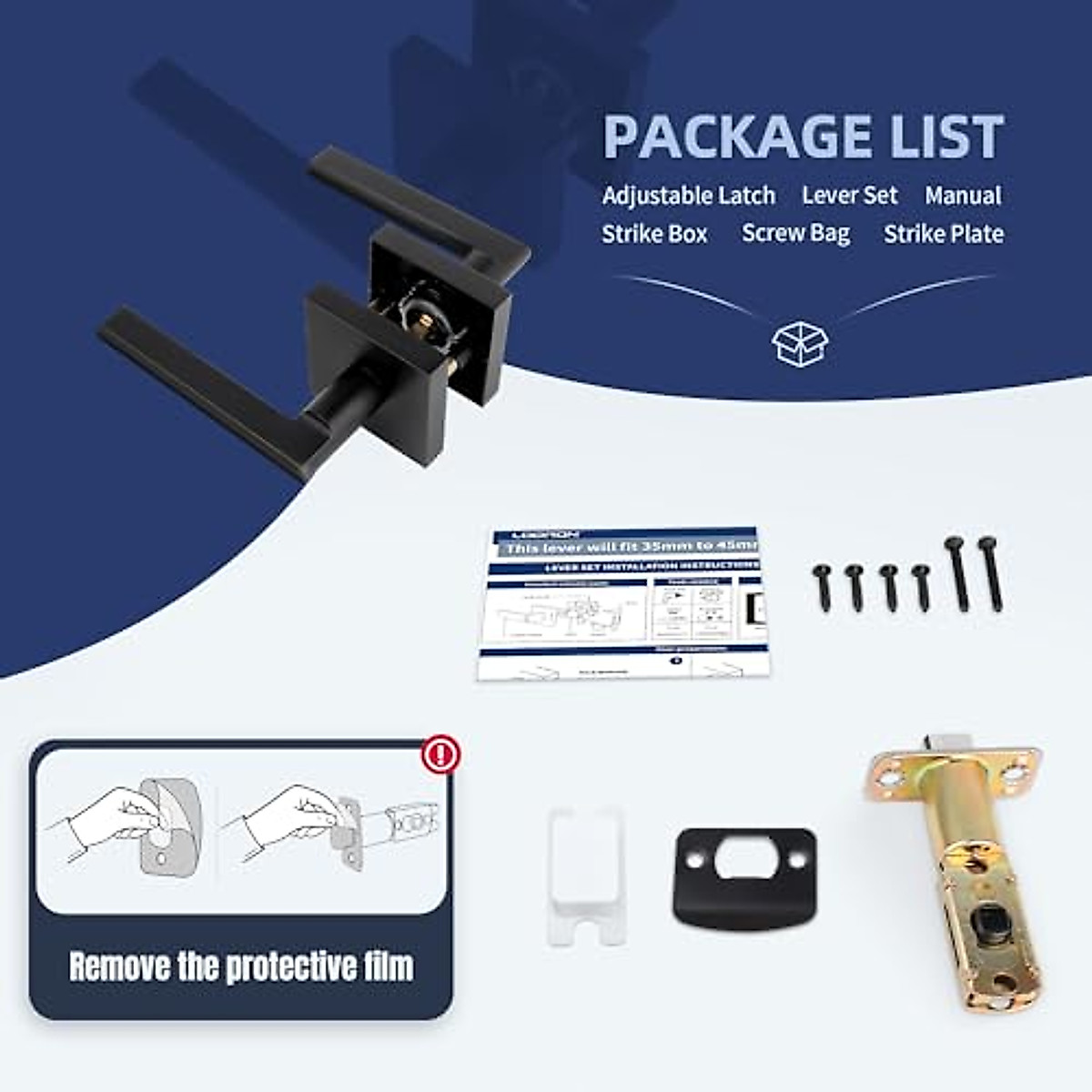 LOQRON Passage Door Lever Heavy Duty Keyless Door Handle Square Non-Locking Door Lock Matte Black Finish Reversible for Hall Closet Door