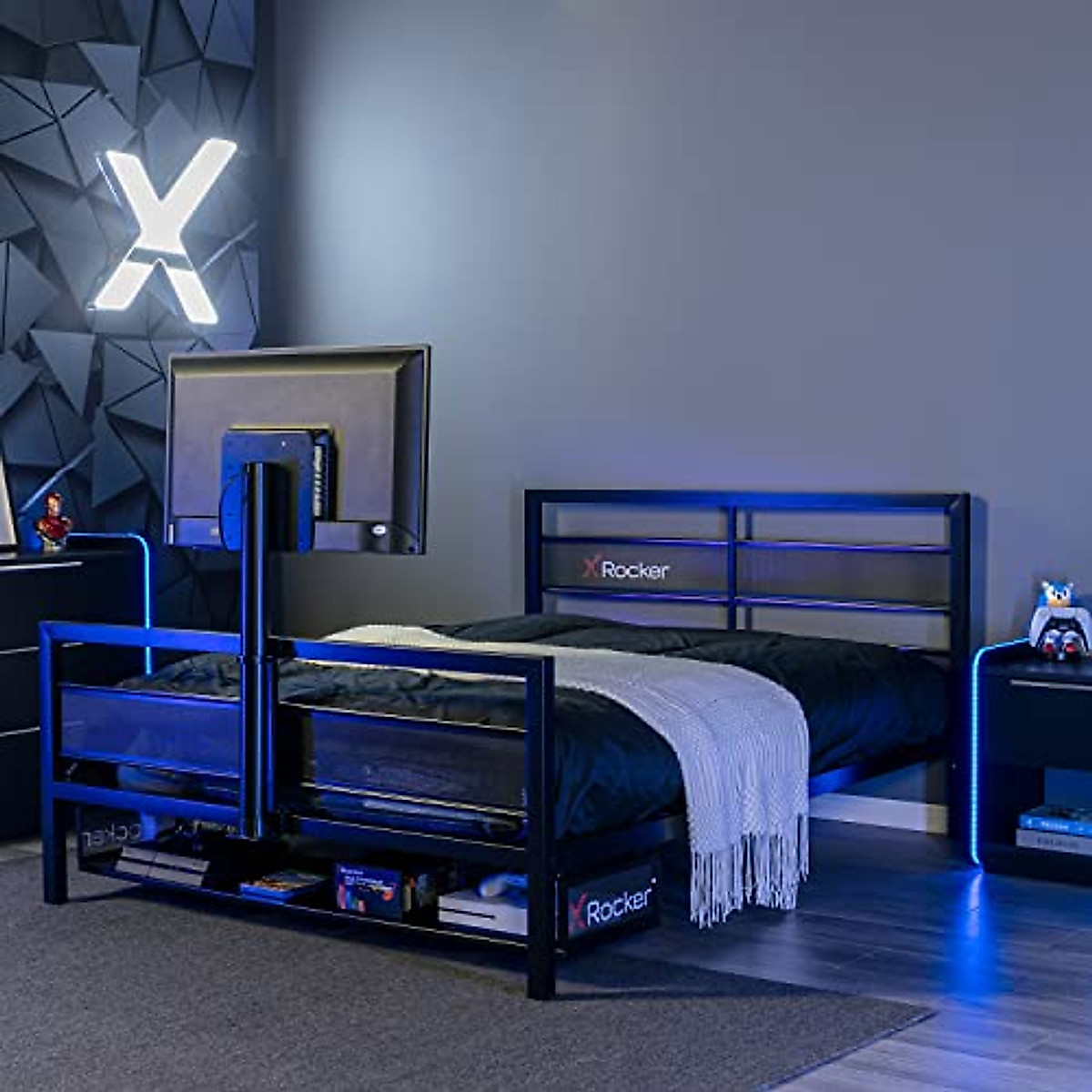 X Rocker Basecamp Gaming Bed Frame, with Rotating TV Mount, Storage, Metal Mesh Frame, 2111101, 80.63" x 37.68" x 42.8", Twin Size, Black