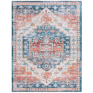SAFAVIEH Tucson Collection Area Rug - 8' x 10', Blue & Rust, Persian Medallion Design, Non-Shedding Machine Washable & Slip Resistant Ideal for High Traffic Areas in Living Room, Bedroom (TSN116M)
