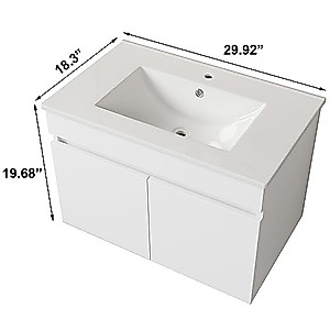 30" Floating Bathroom Vanity with Sink Combo, Wall Mounted Bathroom Vanity Cabinet with Two Soft Close Doors, Wood Bath Vanity with White Ceramic Basin Sink Top for Home Furniture, 30 Inch White