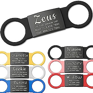 Anavia Slide On Silent Pet ID Tags, S/M/L/XL Personalized Black Stainless Steel Colored Silicone Cat Dog Name Tag, Customized Engraved Nameplate, Quiet Chew-Proof Pet Collar Tag (Black, Medium)
