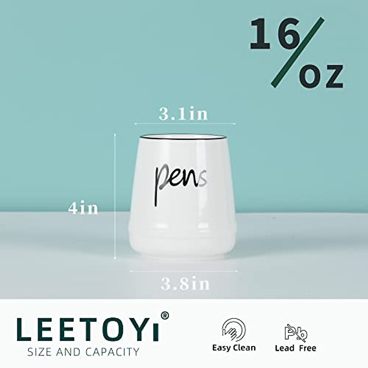 LEEOTYI Ceramic Farmhouse Pen Holder for Desk, Pencil Organizer 16 oz (White)